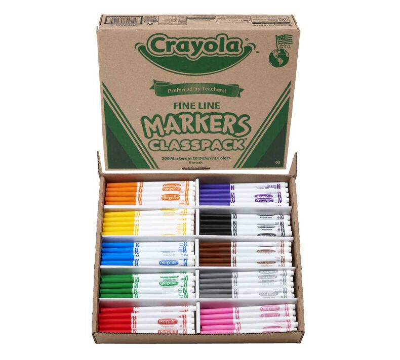 Crayola Non-Washable Fine Line Markers Classpack, 10 Colors, 200 Count ...
